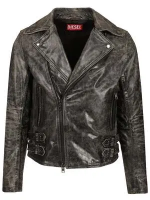 DIESEL® Biker Jacket With Crackled Leather And Embossed Logo - Gray
