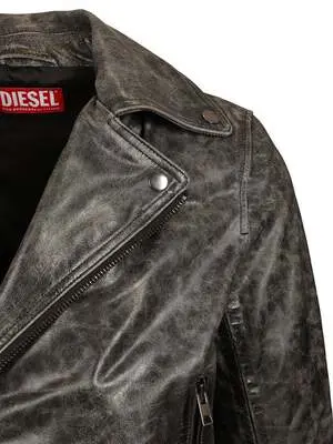 DIESEL® Biker Jacket With Crackled Leather And Embossed Logo