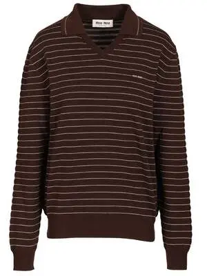 Miu Miu Striped V-neck Polo Sweater - Brown