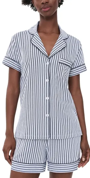 PETITE PLUME French Ticking Shorts Pajama Set - Navy