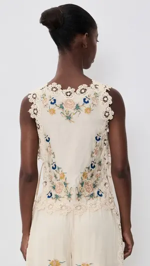 Sea Adonna Embroidered Sleeveless Top - Cream