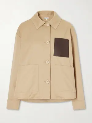 Loewe Anagram Embossed Leather Trimmed Cotton Gabardine Jacket - Neutrals