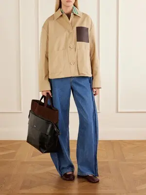 Loewe Anagram Embossed Leather Trimmed Cotton Gabardine Jacket - Neutrals