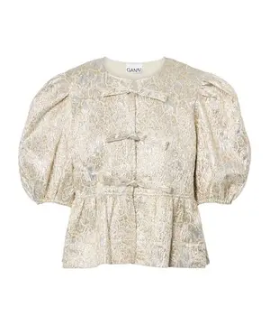 GANNI Puff-sleeve Brocade Top With Bow Detail - White