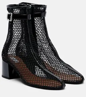 Alaïa Fishnet Patent Leather Trimmed Ankle Boots