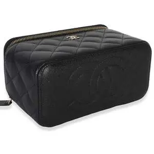Chanel Quilted Caviar Vanity Case With Chain - Black