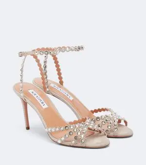 AQUAZZURA Tequila Embellished Suede Ankle Strap Sandals - Grey