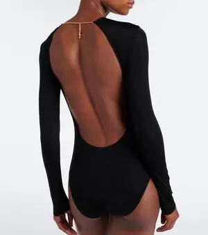 Saint Laurent Open-back Jersey Bodysuit With Gold-tone Chain Detail