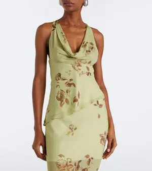 DE LA VALI Diosa Floral Scarf-detail Georgette Top - Green