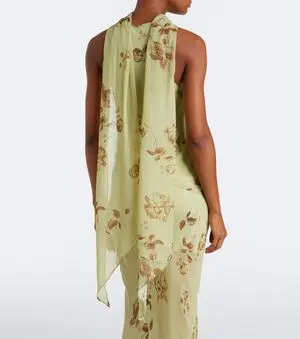 DE LA VALI Diosa Floral Scarf-detail Georgette Top - Green