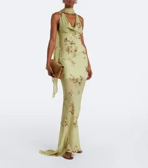 DE LA VALI Diosa Floral Scarf-detail Georgette Top - Green