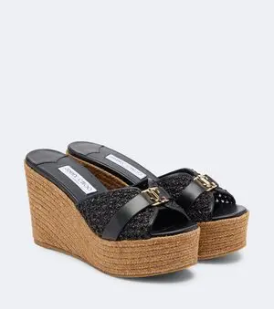 JIMMY CHOO Leda Raffia Wedge Mules With Leather Trim - Black