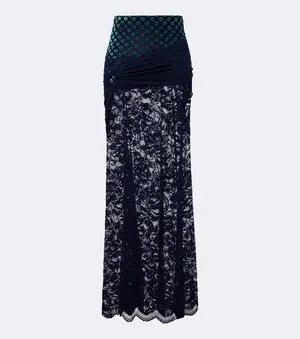 Rabanne Gathered Lace And Velvet Maxi Skirt - Blue