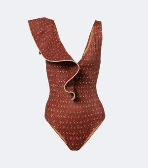 Johanna Ortiz Ruffled Printed One Piece Swimsuit - Brown