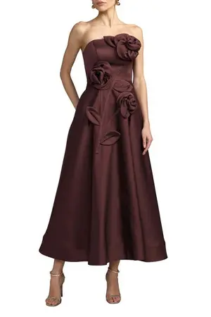 Mac Duggal Strapless Satin Gown With 3d Floral Appliqu - Wine