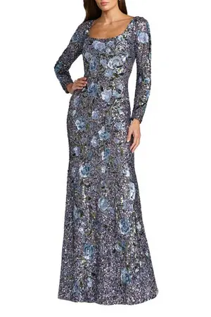 Mac Duggal Floral Beaded Mesh Long Sleeve Square Neck Gown