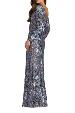 Mac Duggal Floral Beaded Mesh Long Sleeve Square Neck Gown
