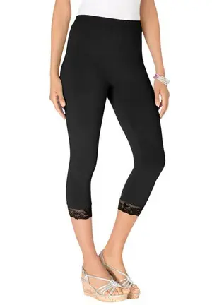 ROAMAN'S Essential Stretch Lace Trim Capri Leggings Black