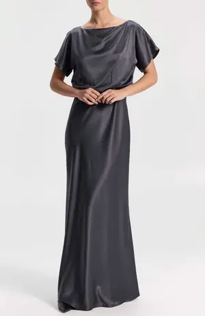 Ronen Chen Ronen Chen Maxi Satin Dress With Bateau Neckline And Dolman Sleeves Grey