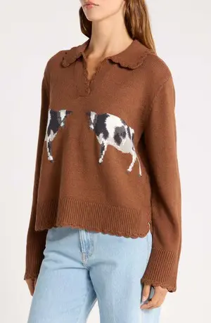 Farm Rio Countryside Cow Split Neck Sweater