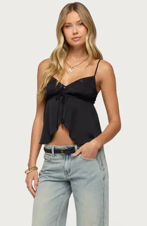 EDIKTED Liby Sequin Split Front Babydoll Top