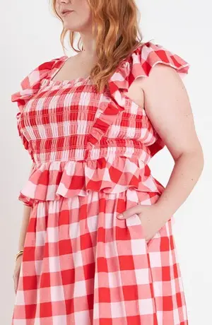 English Factory Gingham Smocked Ruffle Crop Top