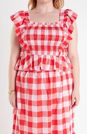 English Factory Gingham Smocked Ruffle Crop Top