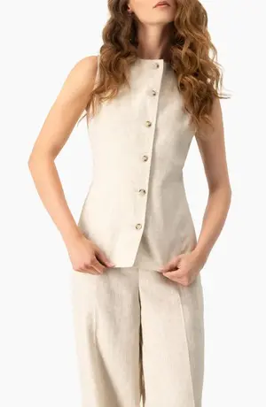 IVONNE Linen Tailored Vest - Sand
