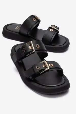 FOREVER & ALWAYS SHOES Dorel Leather Buckle Sandal - Black