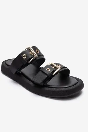 FOREVER & ALWAYS SHOES Dorel Leather Buckle Sandal - Black