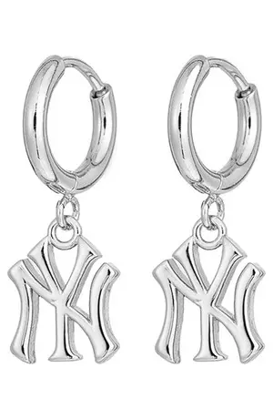 LUV AJ Mlb New York Yankees Logo Charm Huggie Hoop Earrings - Silver