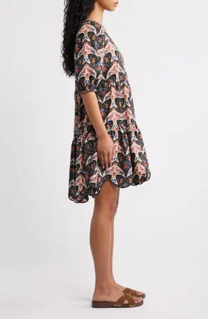 Farm Rio Porcelain Birds Print Puff Sleeve Minidress - Black