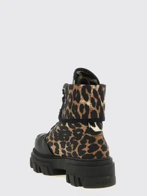 GANNI Animalier Print Organic Cotton Lace-up Combat Boots With Lug Sole - Multicolor