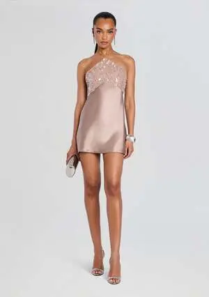 Retrofete Jeanne Embellished Halterneck Mini Dress - Truffle