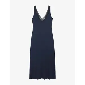 THE WHITE COMPANY V-neck Lace-trim Stretch-jersey Nightdress - Navy