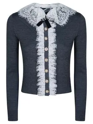 SELF-PORTRAIT Knit Cardigan With Statement Lace Collar - Grigio