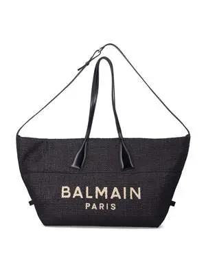 Balmain Structured Raffia Tote Handbag With Leather Trim - Nero