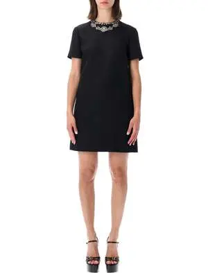 Valentino Garavani Mini Dress With Embellished Round Neck - Nero