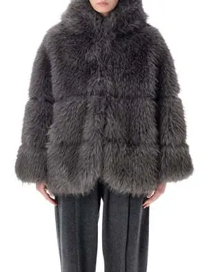 SWORD 6644 Faux Fur Jacket With Hood And Side Pockets - Grisaille