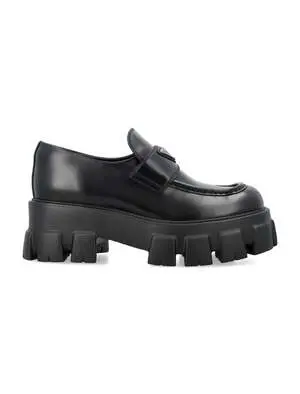 Prada Monolith Mini Brushed Leather Loafers With Triangle Logo & Chunky Rubber Sole - Nero