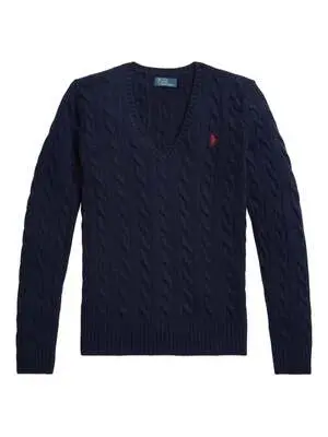 Polo Ralph Lauren Cable Knit V-neck Sweater With Embroidered Logo - Blu