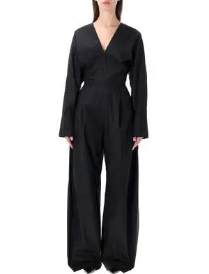 THE LATEST Tailored Poplin V-neck Jumpsuit With Cinched Waist & Wide-leg Trousers - Nero