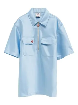 Casablanca Satin Quarter Zip Short Sleeve Shirt - Blue