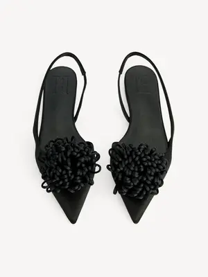 BY MALENE BIRGER Laili Satin Pointed Toe Slingback Flats With Pompom Detail