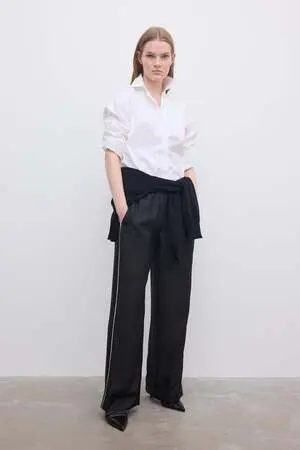 HOUSE OF DAGMAR Silk Twill Relaxed Trousers With Contrast Piping