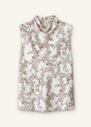 ME+EM Whimsical Bulbs Print Silk Cowl Neck Sleeveless Top Light Cream-multi