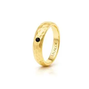 UNALOE Gold / Black Hammered Gold Plated Band Ring With Black Diamond - Gold/black