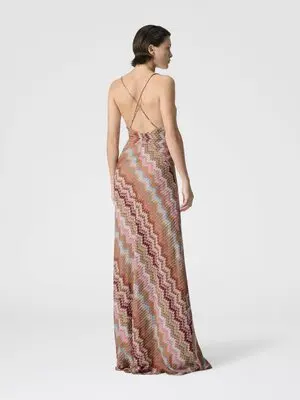 Missoni Long Dress With Crossed Straps In Chevron Viscose - Pink,rust