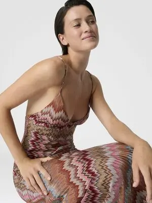 Missoni Long Dress With Crossed Straps In Chevron Viscose - Pink,rust