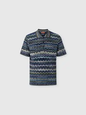 Missoni Cotton Knit Polo Shirt With Chevron Pattern - Blue